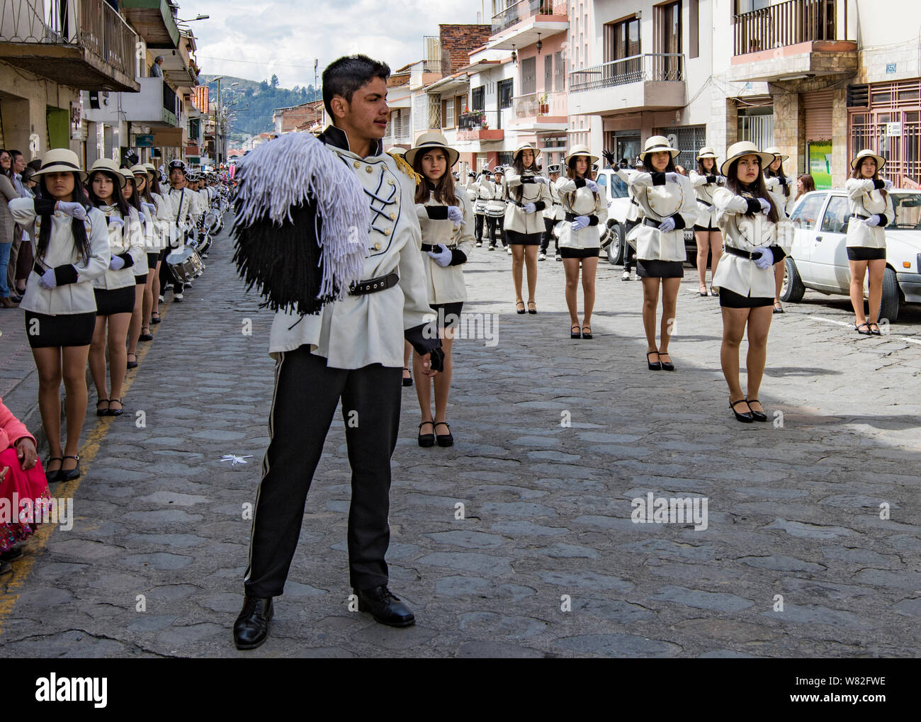 Cuenca, Ecuador, Jan 13, 2018: Baton twirlers marching in parade Stock ...
