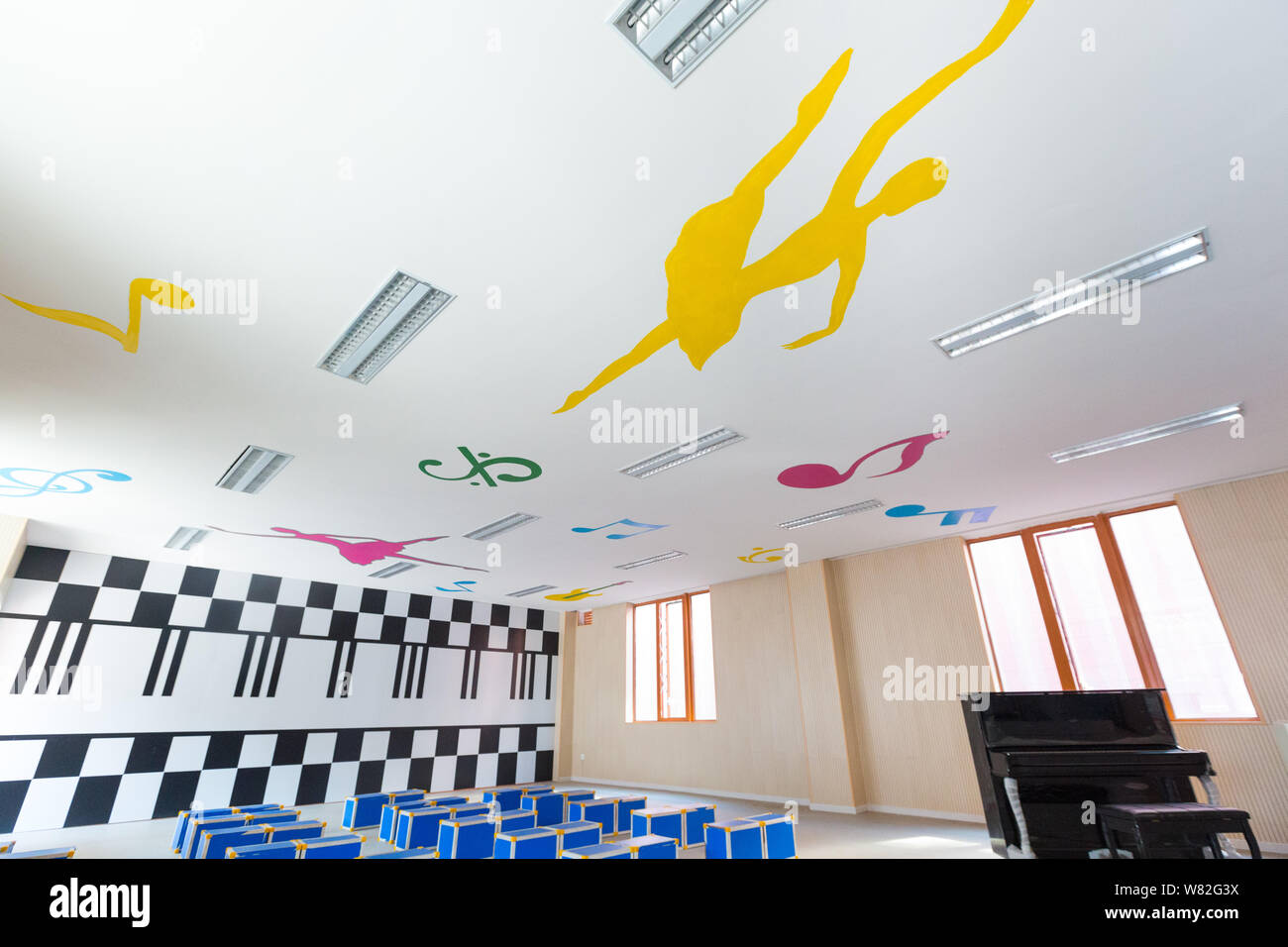 Interior view of a music classroom of the colorful primary for a new ...