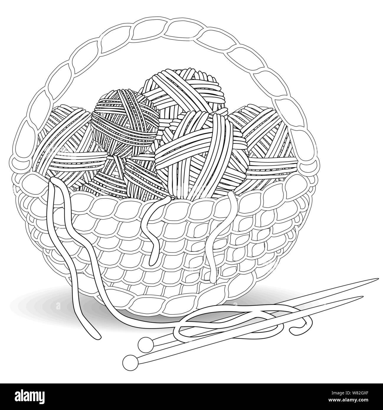 Basket with tangles of balls of wool. Coloring for adults and children ...