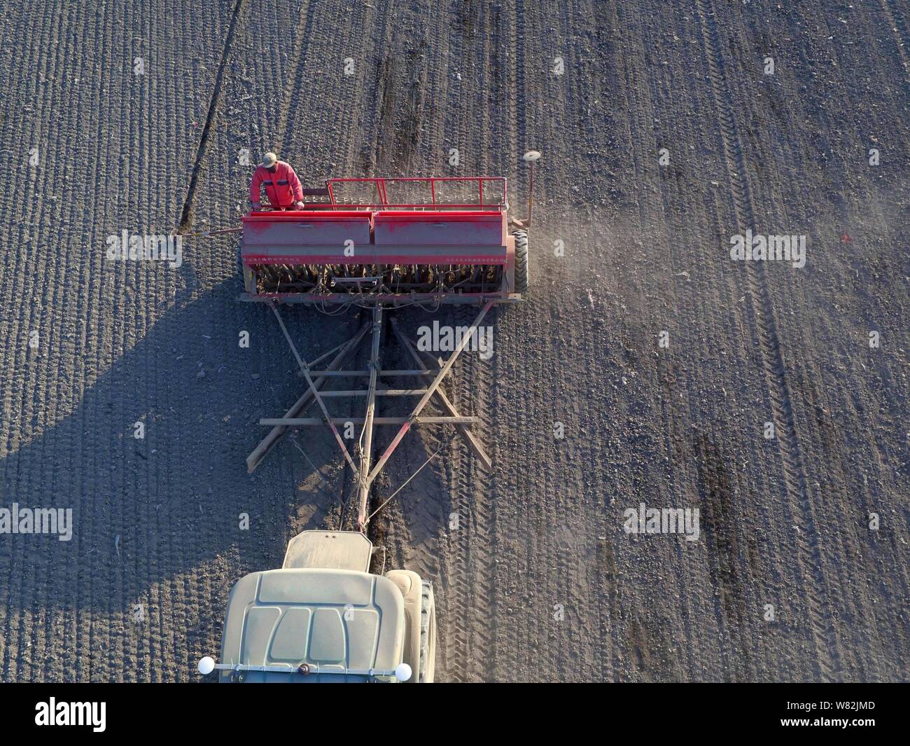 Aerial view of spring ploughing in Bayingolin Mongol Autonomous ...