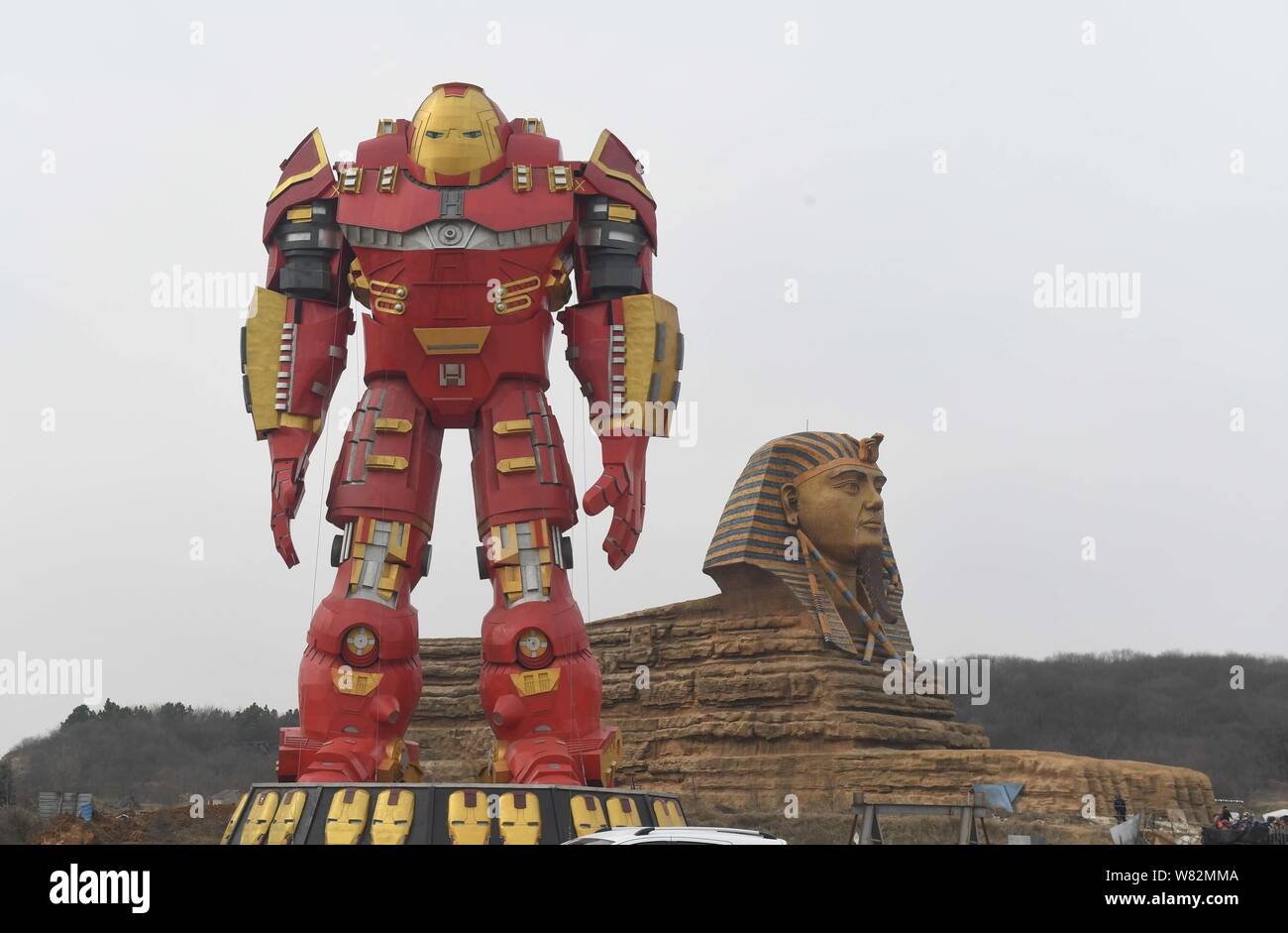 A 30-meter-tall Iron Man's Hulkbusters armor is pictured next to the ...
