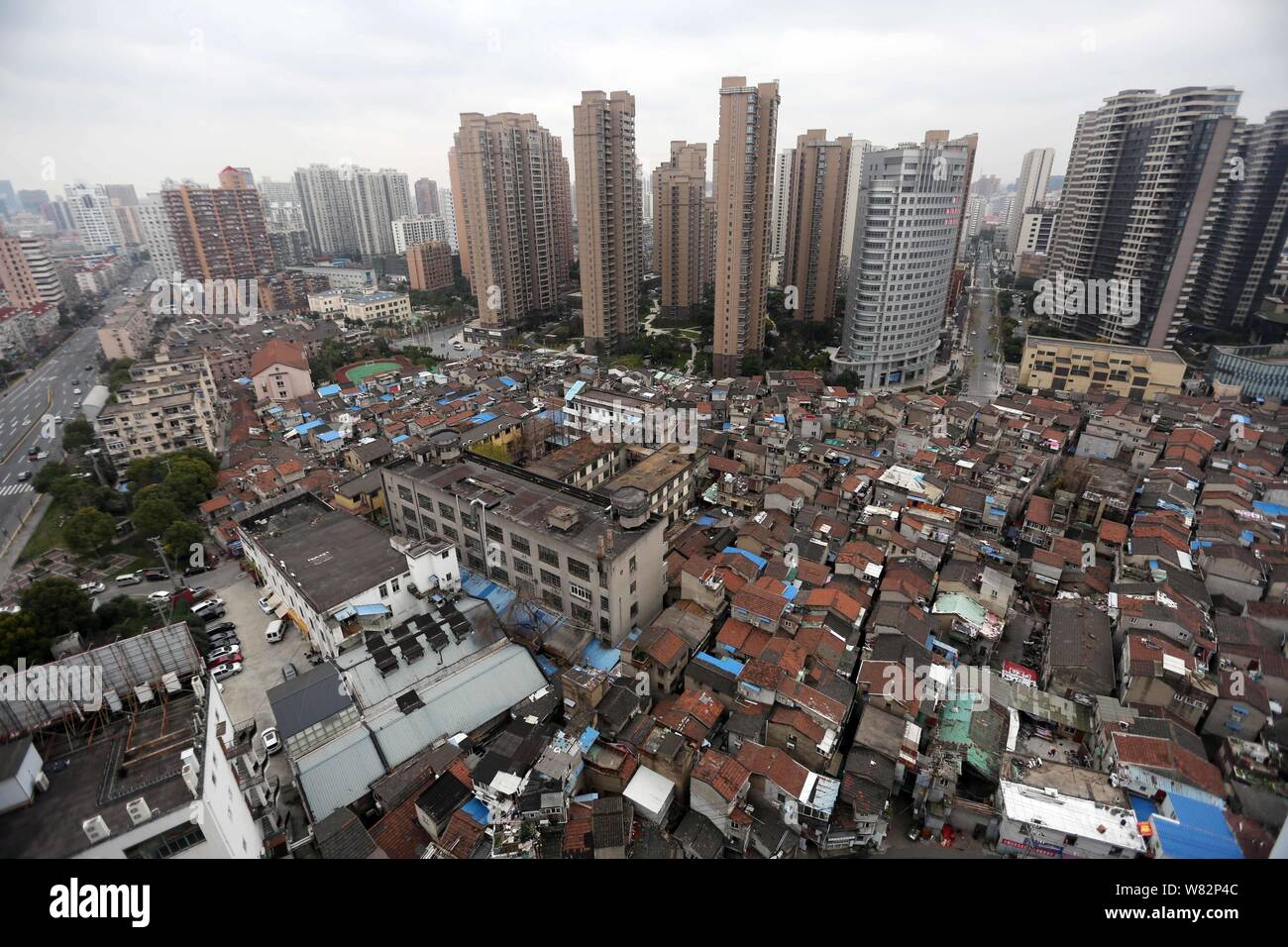 --FILE--An aerial view of a shantytown with old houses next to clusters ...