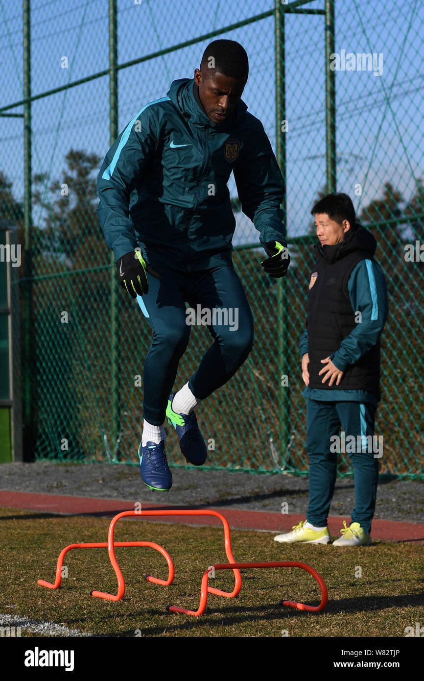 Brazilian football player Ramires of Jiangsu Suning F.C. takes part in ...