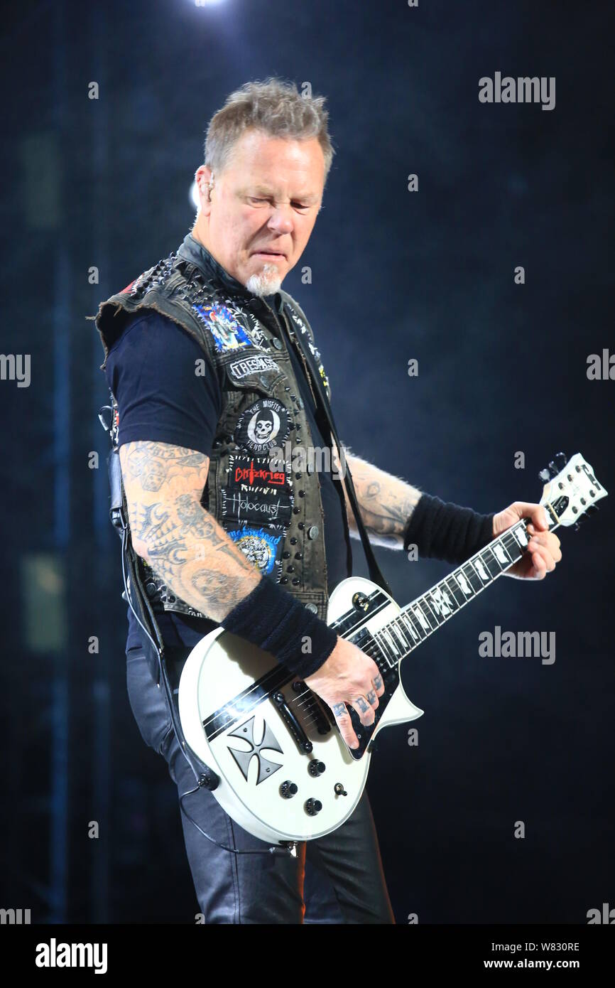 A member of American heavy metal band Metallica performs during their ...