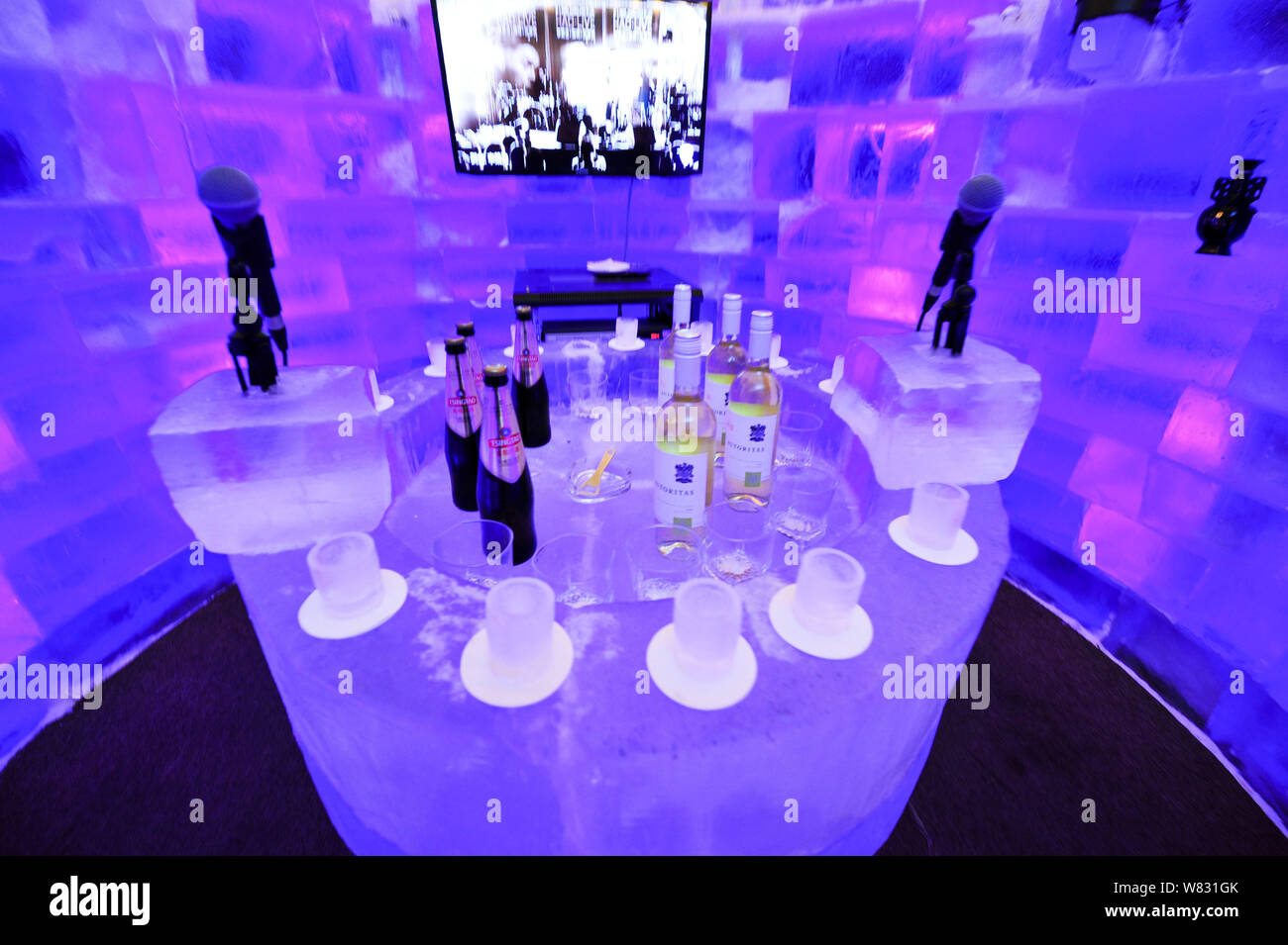 Interior view of a bar made of ice blocks in Shenyang city, northeast ...