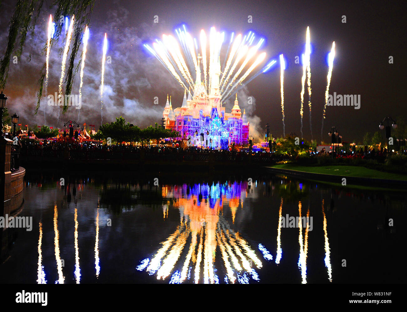--FILE--Fireworks explode over the Disney Castle in the Shanghai ...