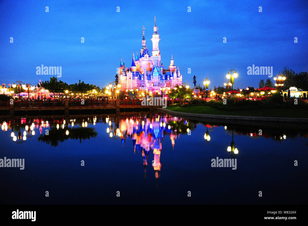 --FILE--Night view of the illuminated Disney Castle in the Shanghai ...