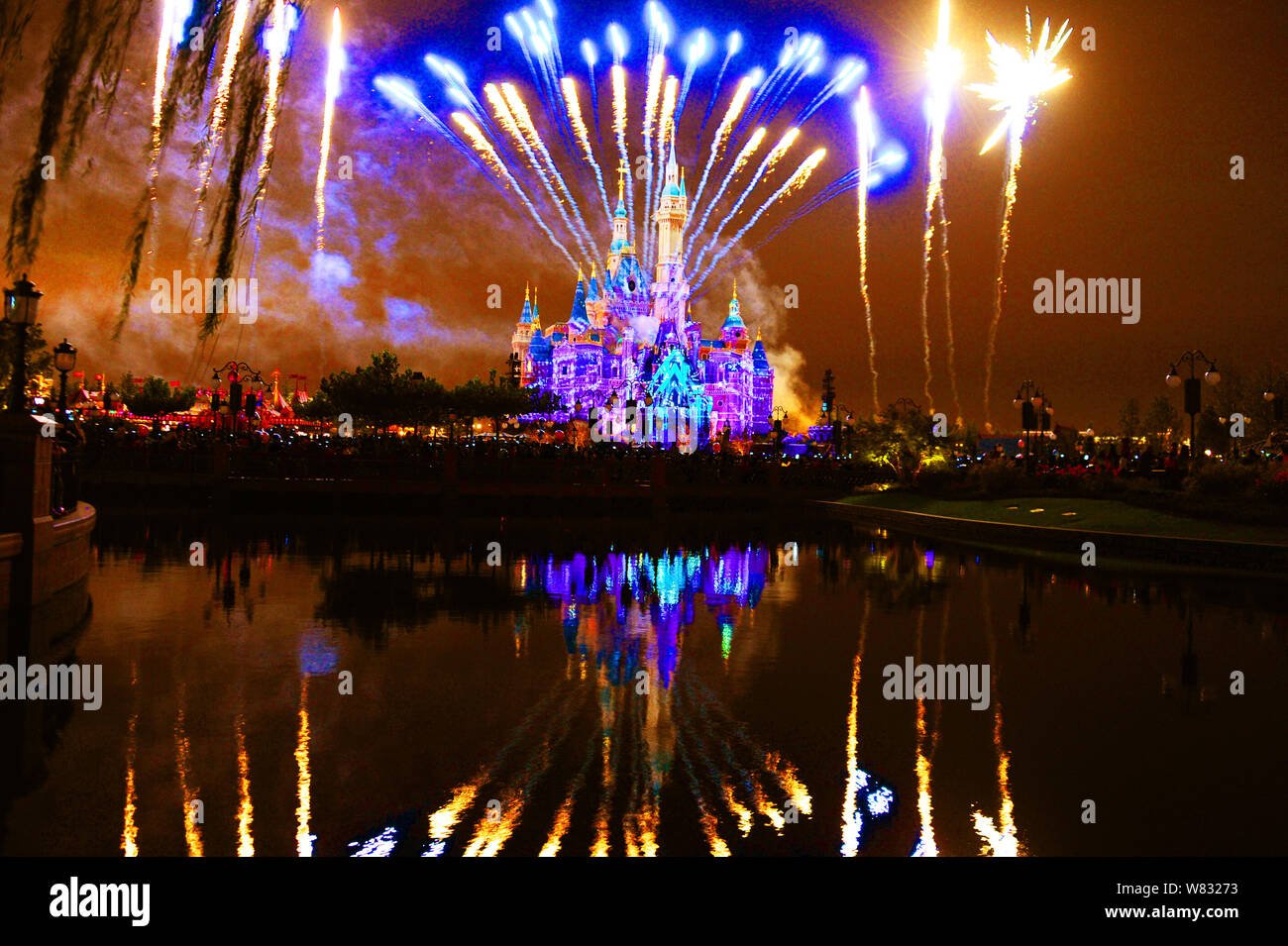 --FILE--Fireworks explode over the Disney Castle in the Shanghai ...