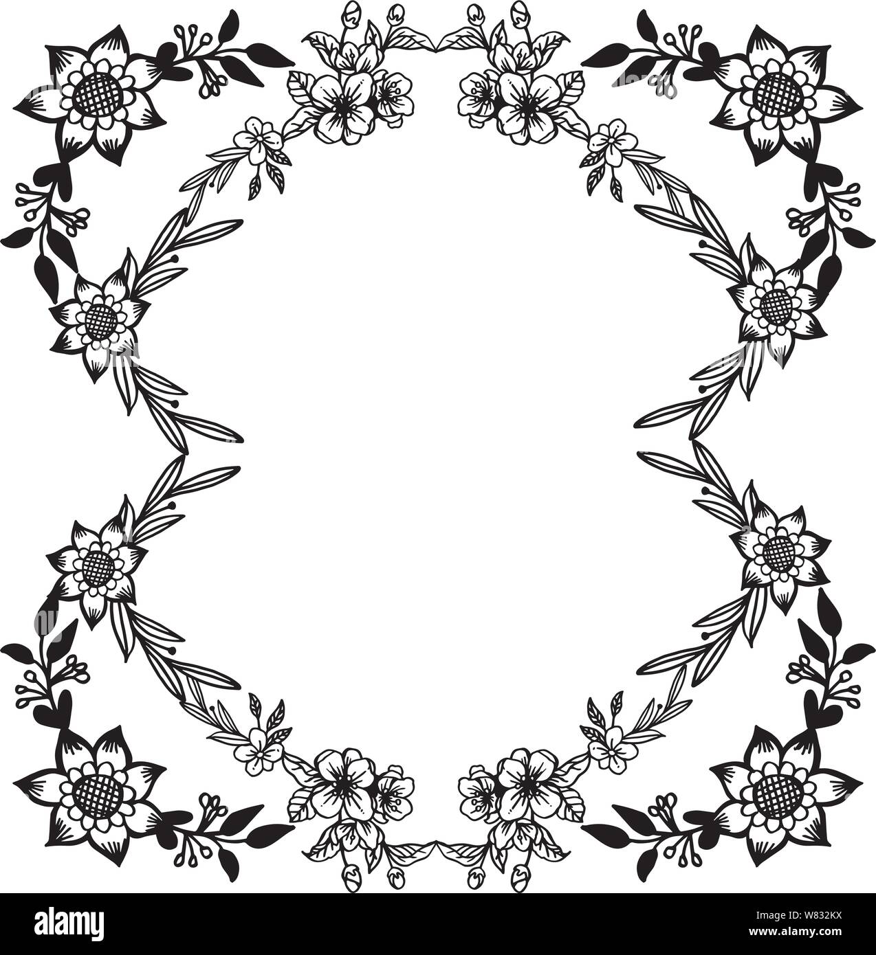 Seamless leaf flower frame pattern in black and white colors. Vector ...