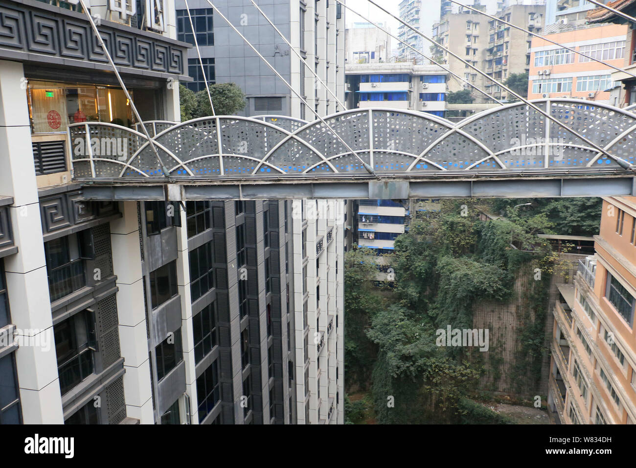 View of one of the two 68.5-meter-high suspended bridges connecting two ...