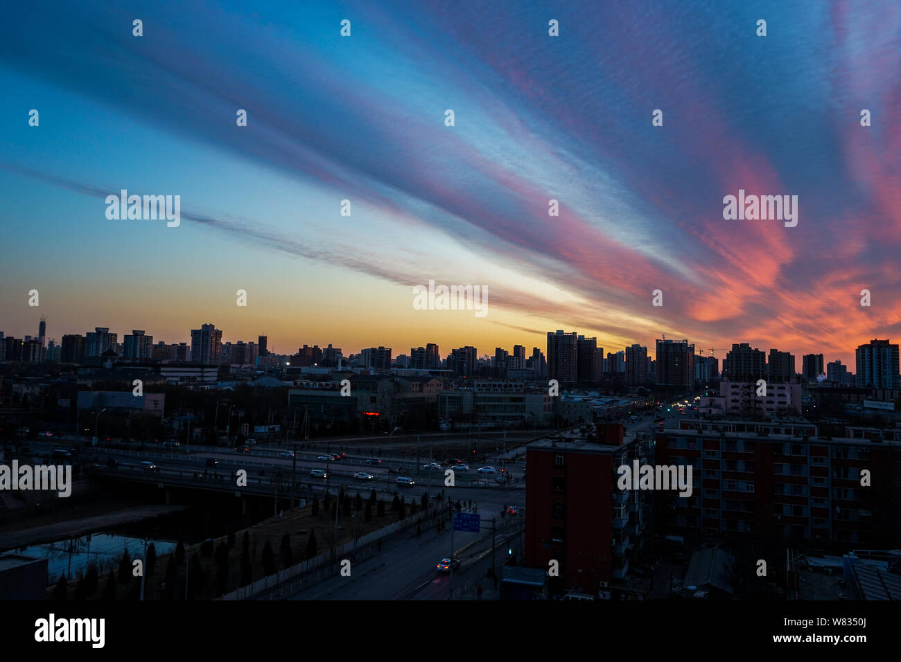 View of colorful sky at sunrise in Beijing, China, 10 January 2017 ...