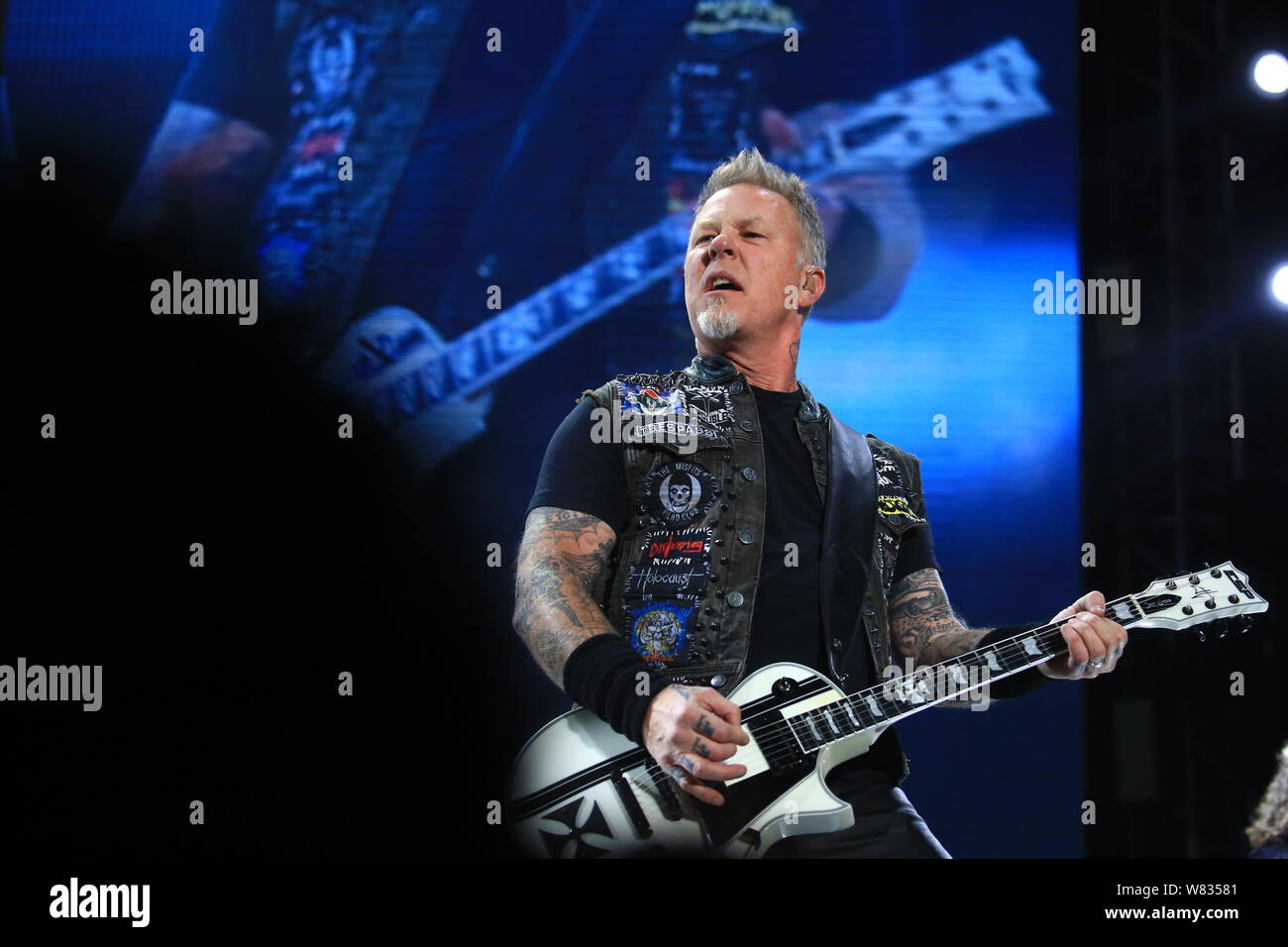 A member of American heavy metal band Metallica performs during their ...