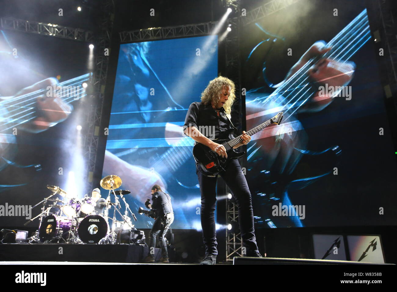 Members of American heavy metal band Metallica perform during their ...