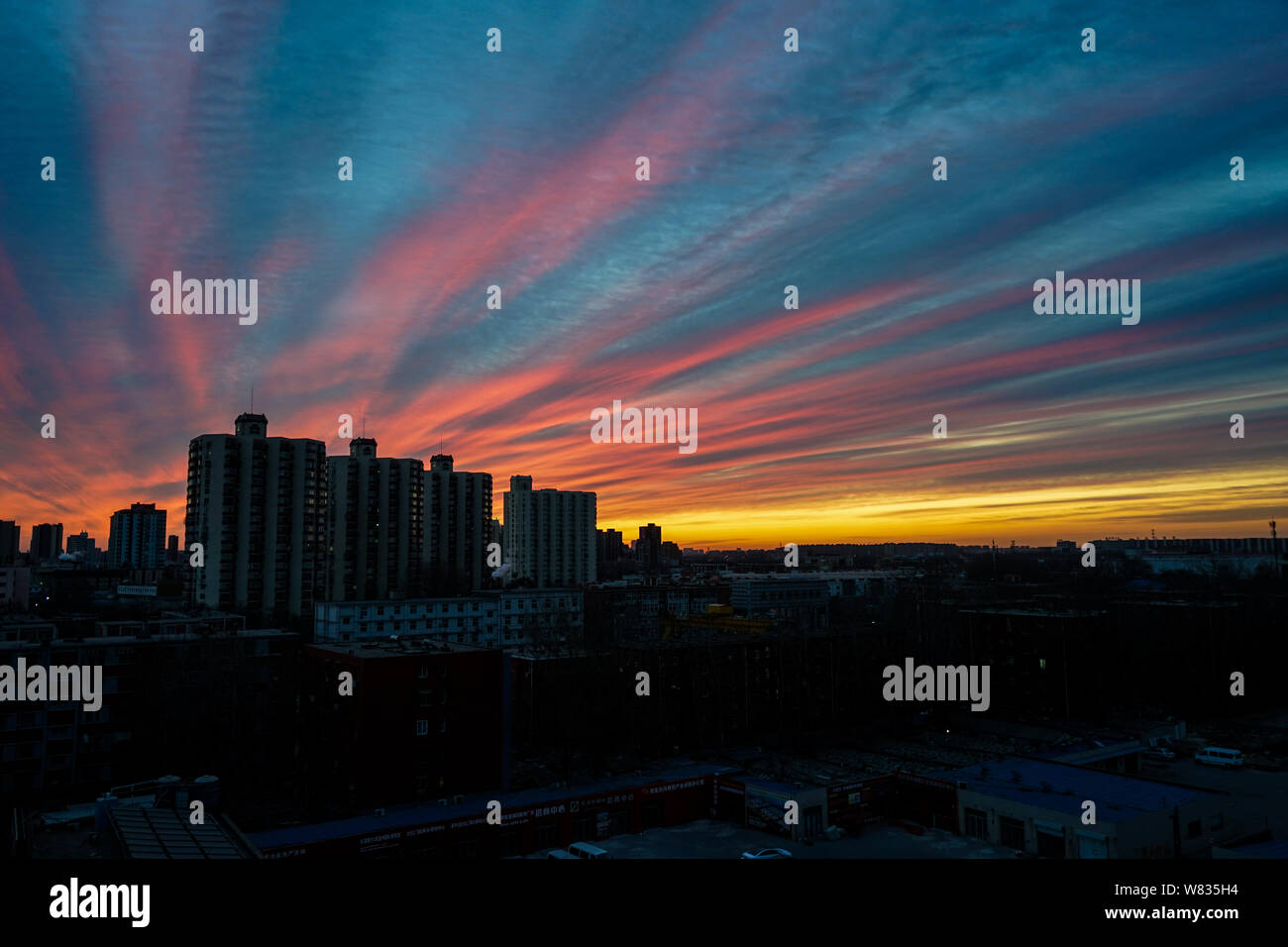 View of colorful sky at sunrise in Beijing, China, 10 January 2017 ...