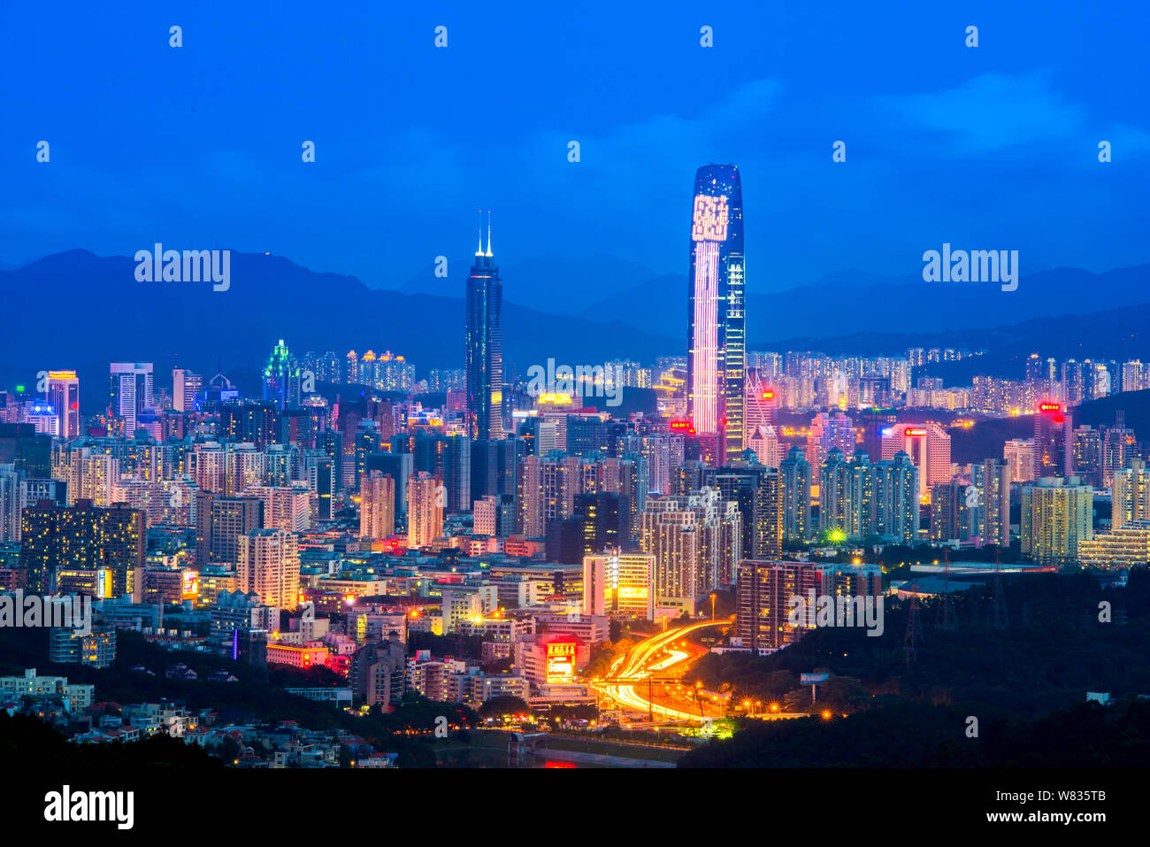 Night view of high-rise buildings and skyscrapers in Shenzhen city ...