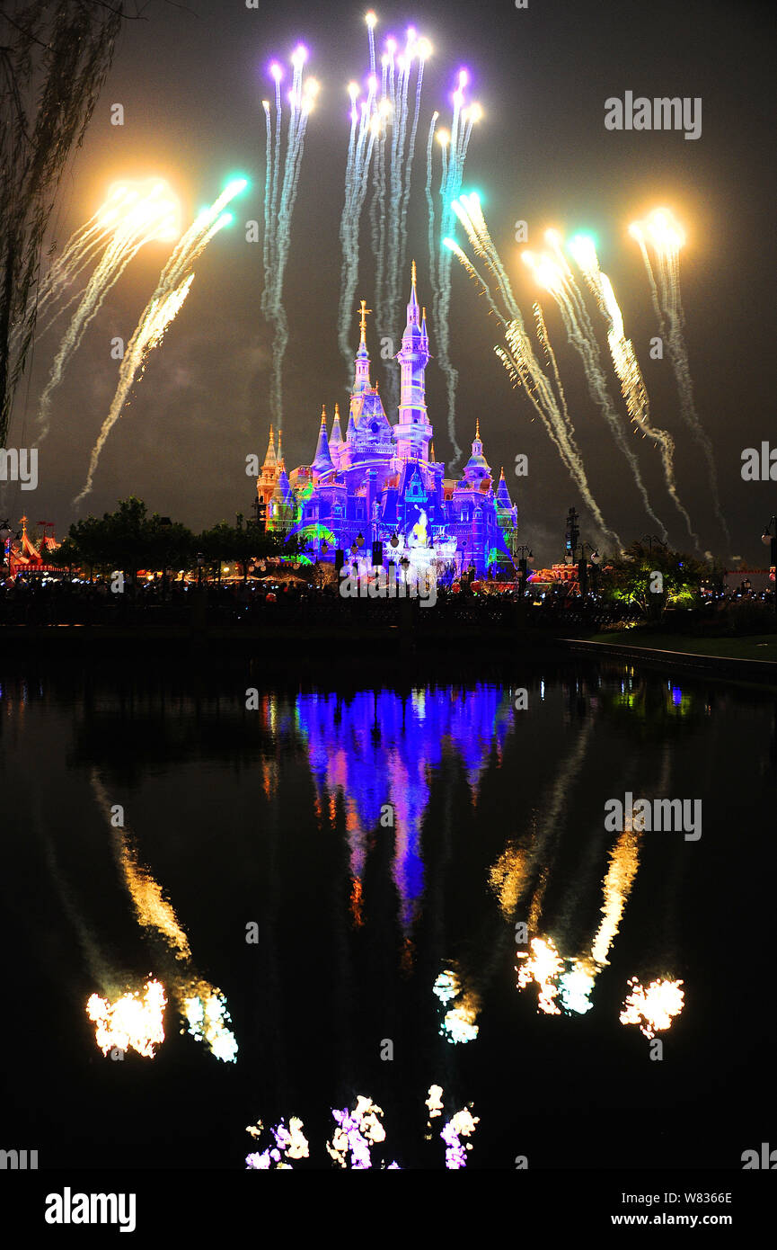 --FILE--Fireworks explode over the Disney Castle in the Shanghai ...
