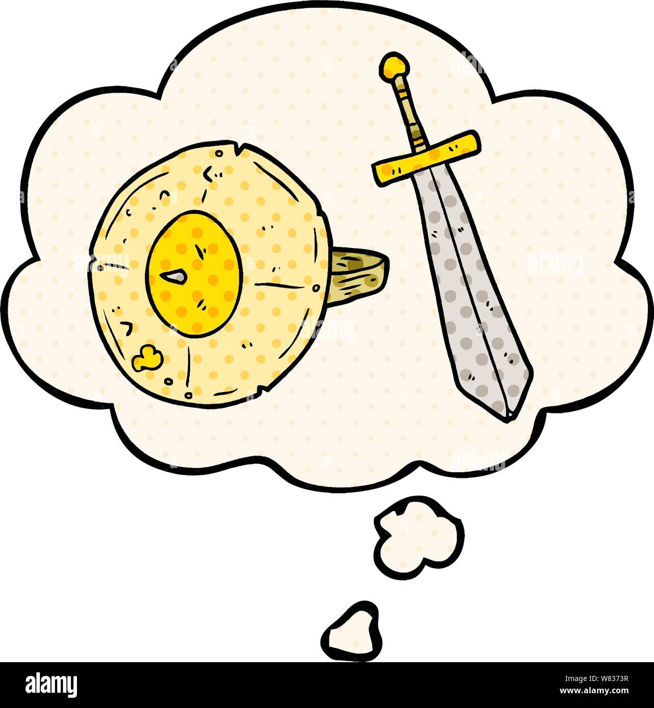 cartoon shield and sword with thought bubble in comic book style Stock ...