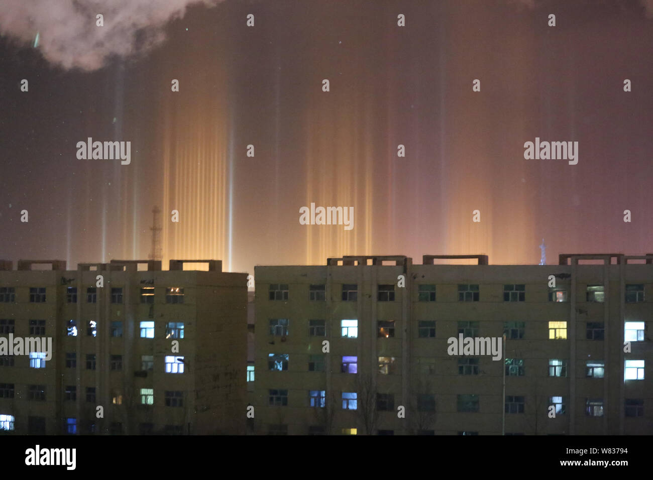 View of a sun pillar or light pillar in Erenhot city, Xilingol League ...