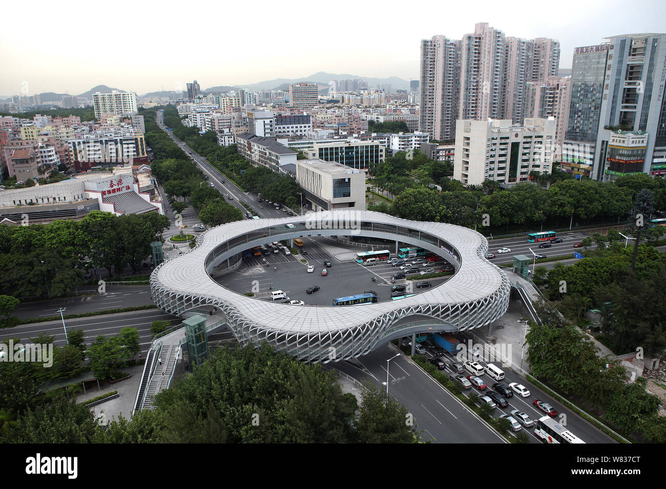 A view of the flower-shaped Chunhua Footbridge over the junction of ...