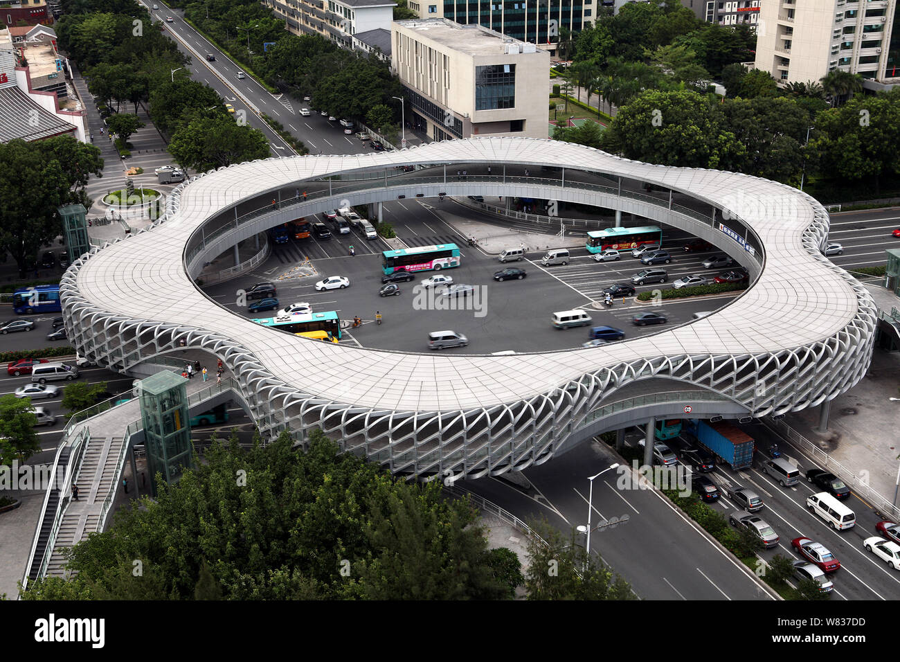 A view of the flower-shaped Chunhua Footbridge over the junction of ...