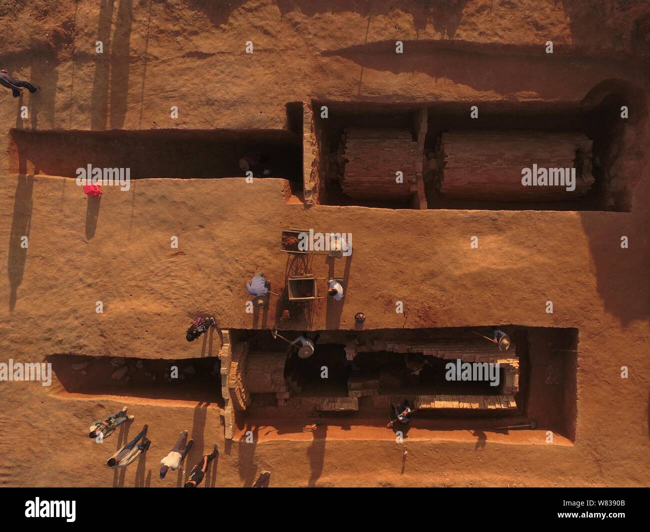 Aerial view of the excavation site of ancient tombs spanning from Shang ...