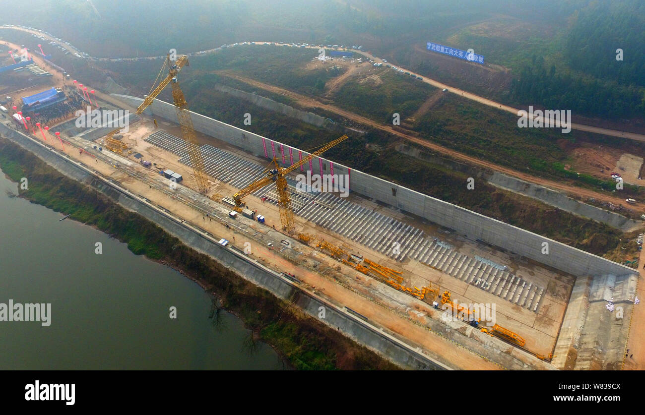 Aerial view of the construction site of a full-scale replica of the ...