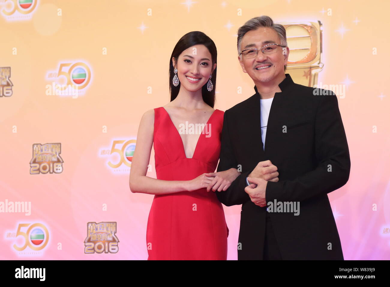 Hong Kong actress Grace Chan, left, and actor Hugo Ng arrive on the red carpet for the 2016 TVB ...
