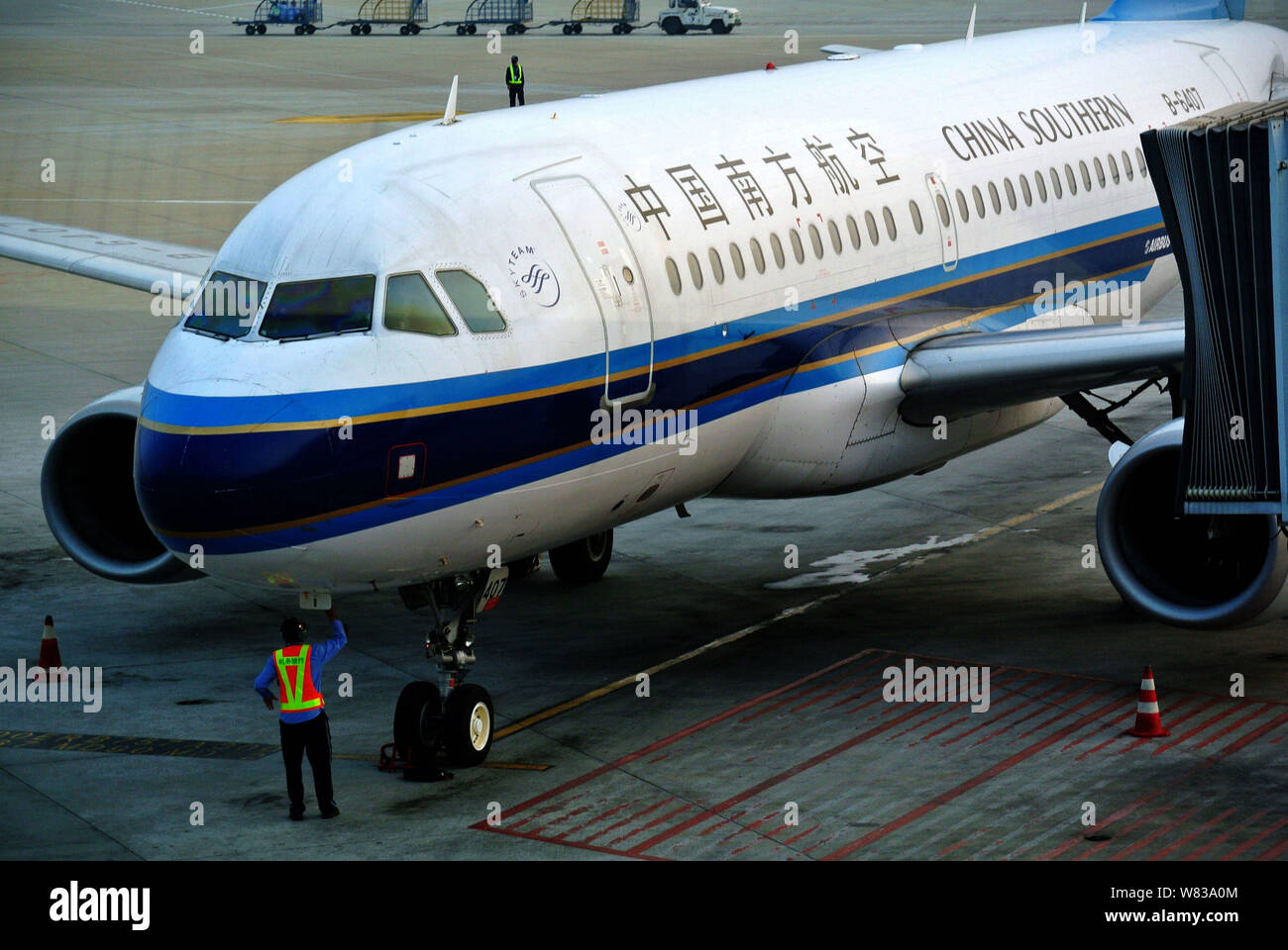 --FILE--A ground crew member directs a passenger jet of China Southern ...