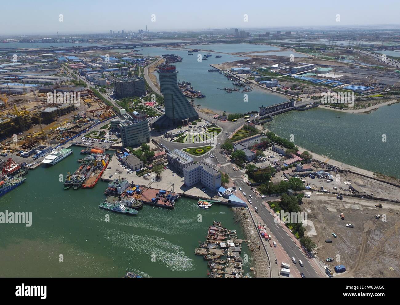 --FILE--An aerial view of shipyards in the bayou of Haihe River or Hai ...