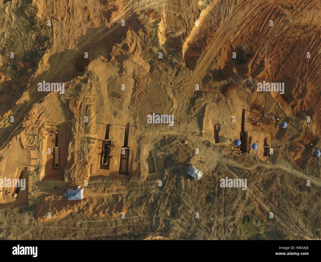 Aerial view of the excavation site of ancient tombs spanning from Shang ...