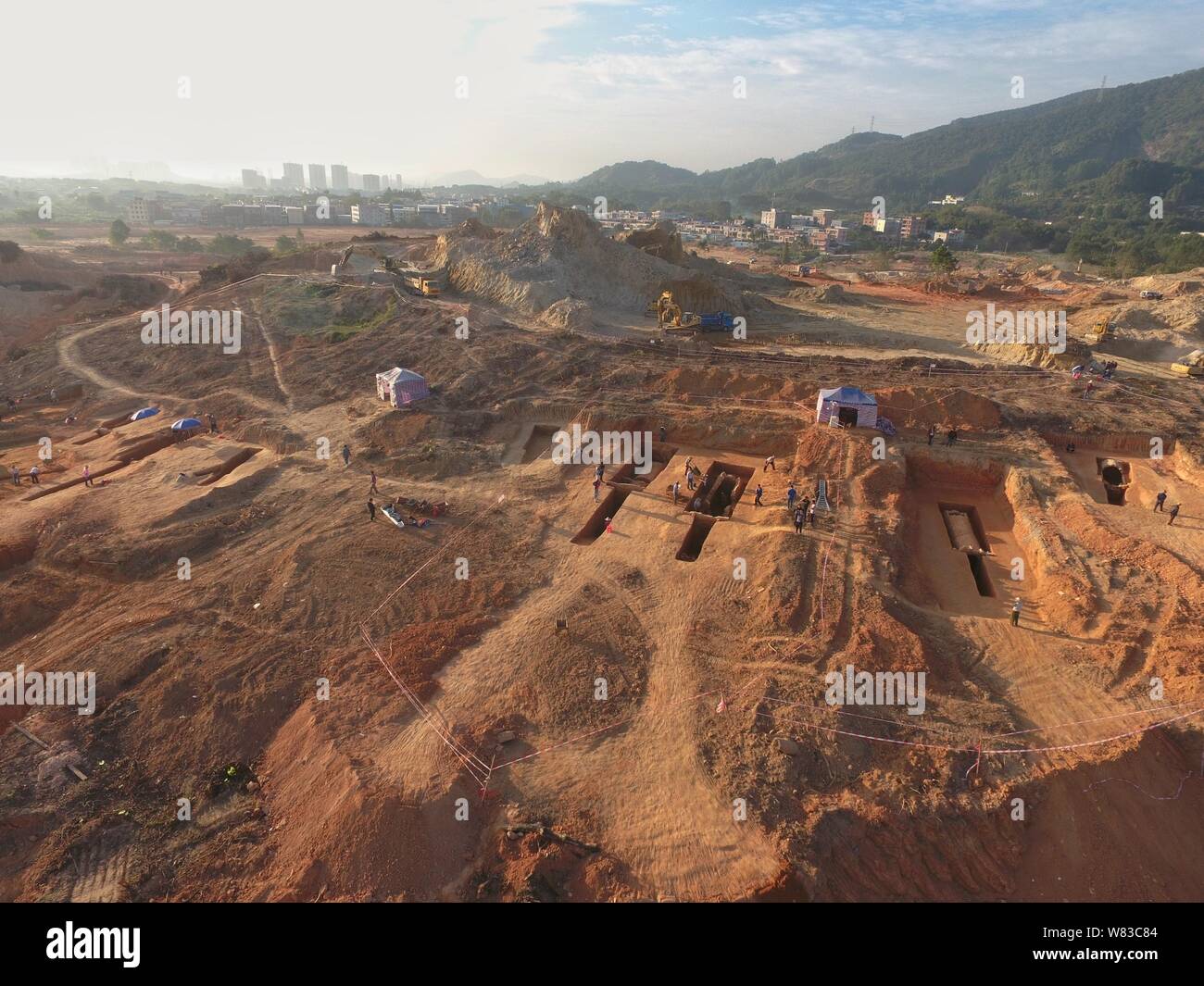 Aerial view of the excavation site of ancient tombs spanning from Shang ...