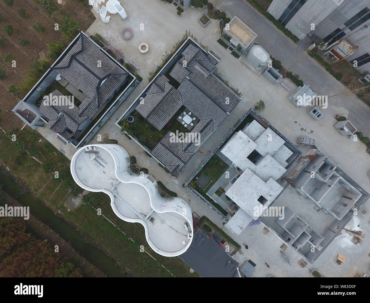 Aerial view of buildings made with 3D printer by Shanghai WinSun ...