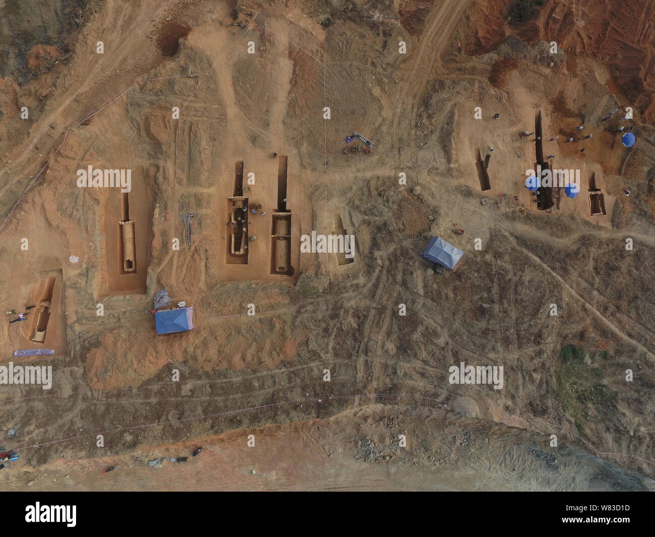 Aerial view of the excavation site of ancient tombs spanning from Shang ...
