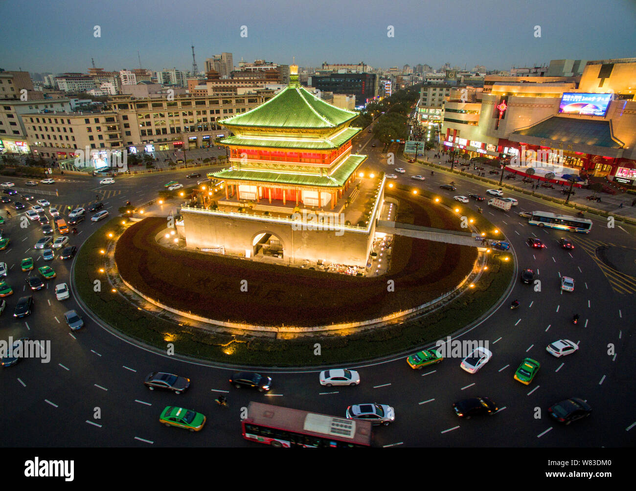 Aerial view of the illuminated Xi'an Bell Tower in Xi'an city ...