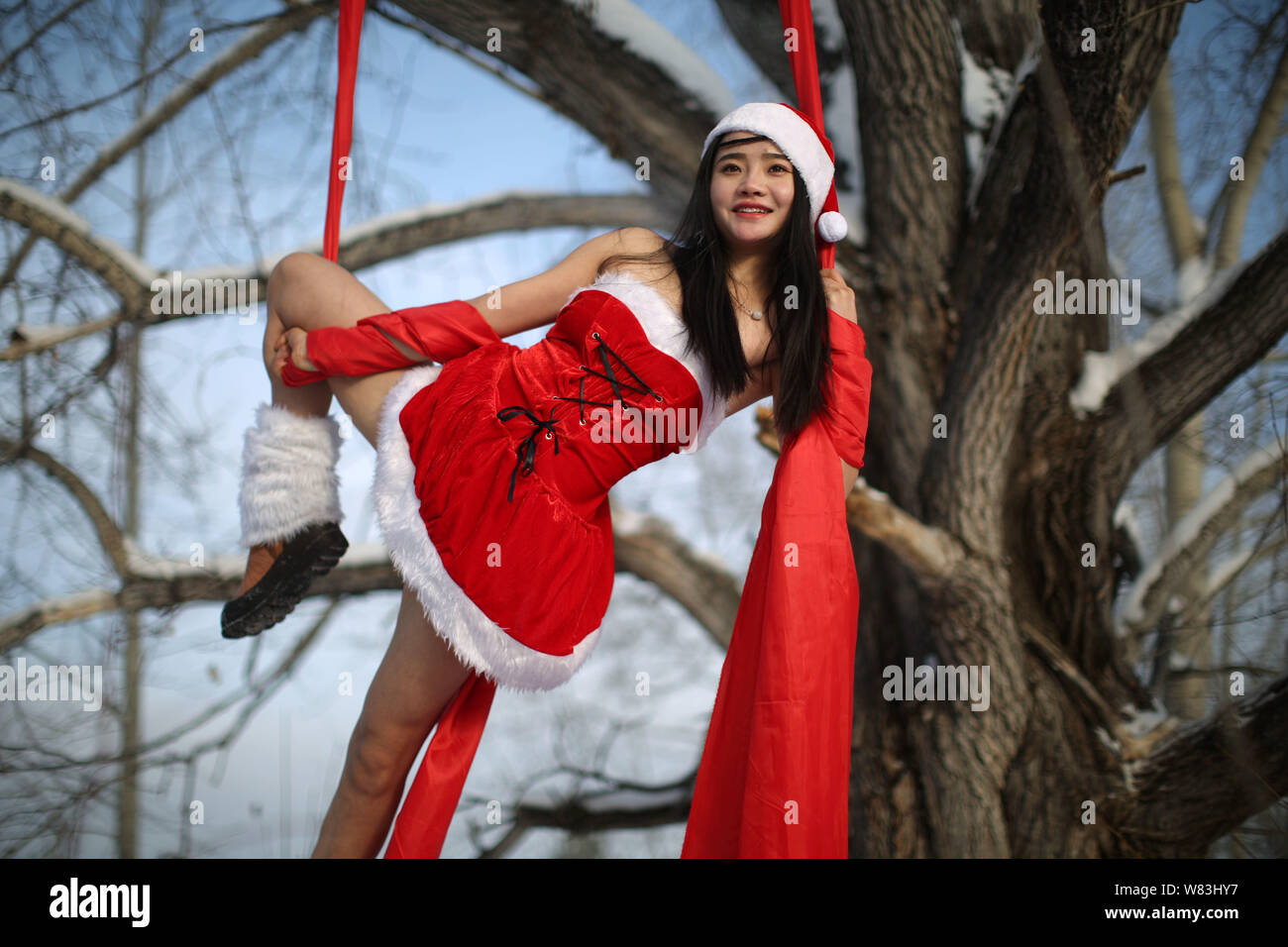 A female Chinese pole dancer dressed in Christmas costume performs with ...