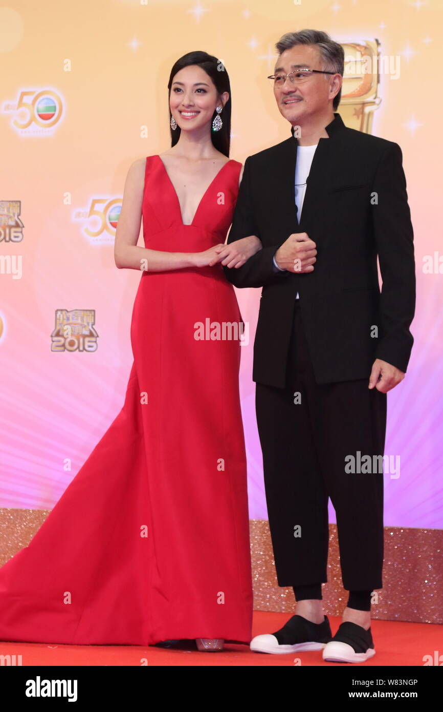 Hong Kong actress Grace Chan, left, and actor Hugo Ng arrive on the red carpet for the 2016 TVB ...