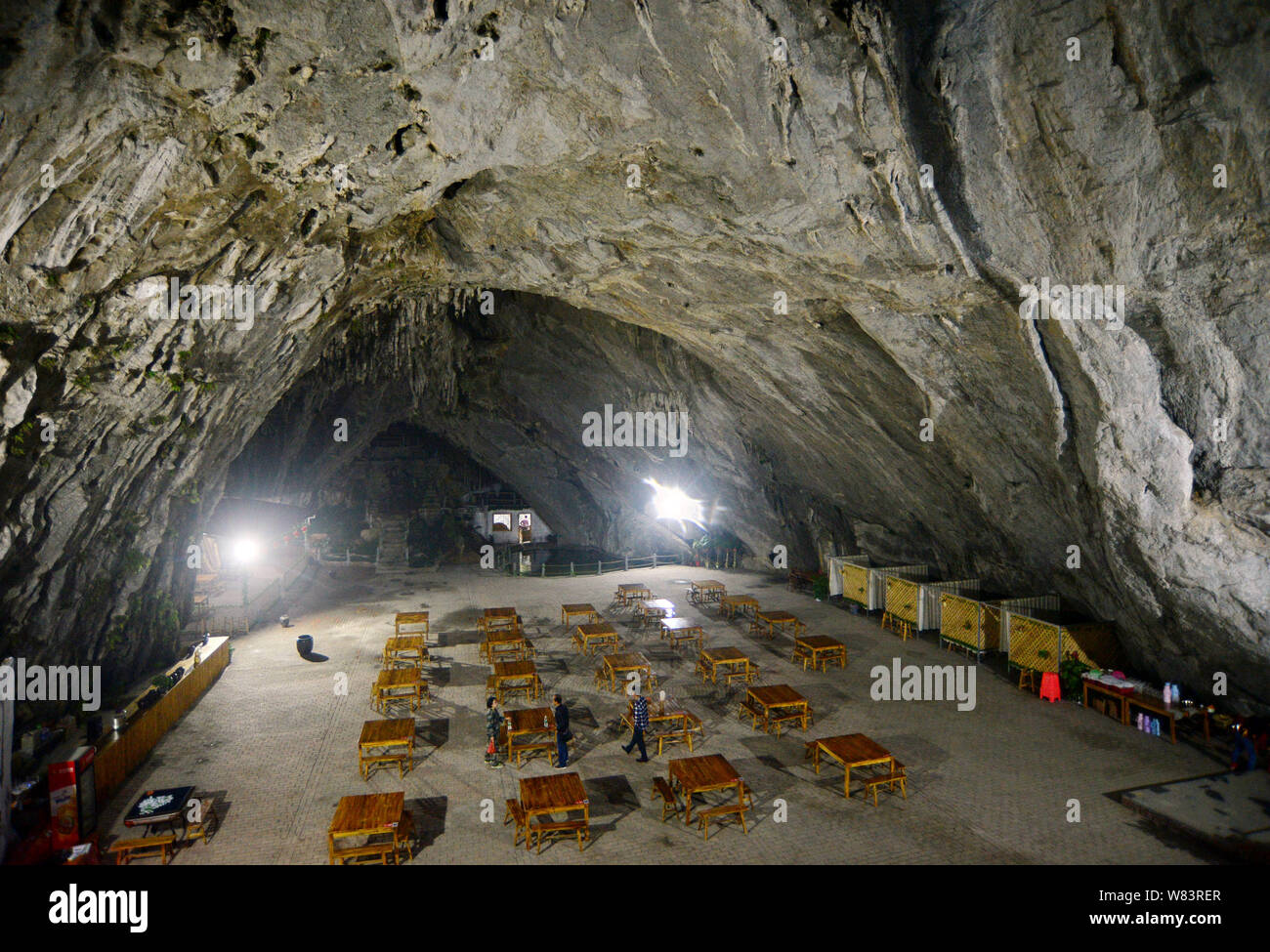 Interior view of a restaurant built in a karst cave in Chenzhou city ...