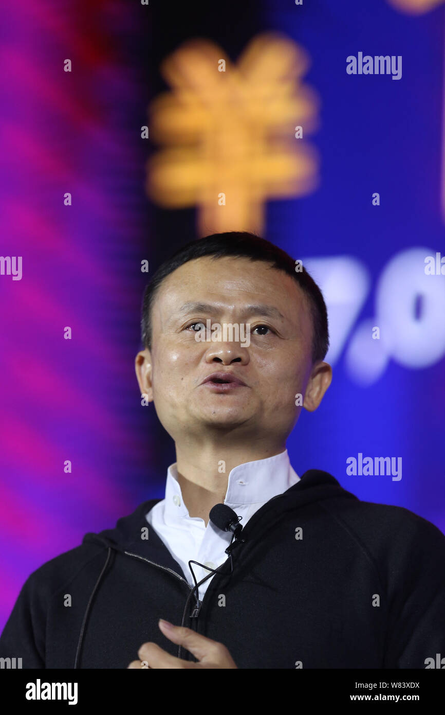 Jack Ma or Ma Yun, Chairman of Alibaba Group, delivers a speech in ...