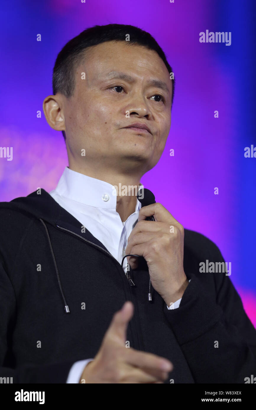 Jack Ma or Ma Yun, Chairman of Alibaba Group, delivers a speech in ...