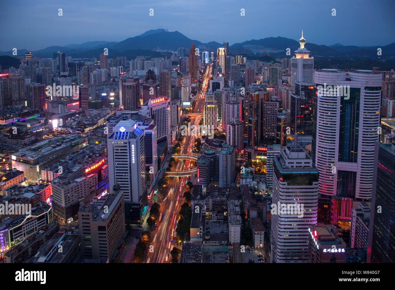 Night view of skyscrapers and high-rise buildings in Luohe district ...