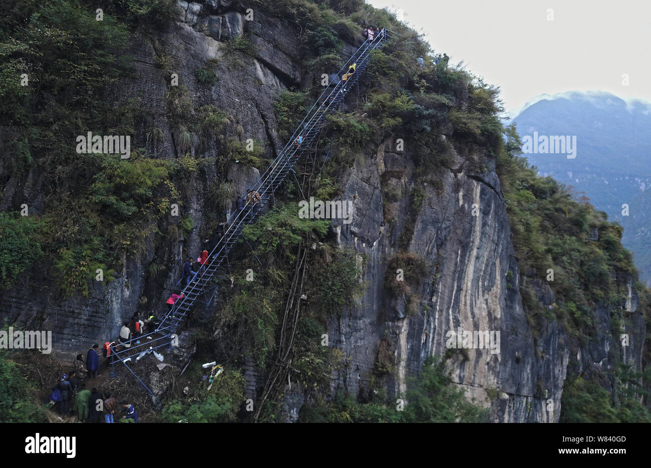 Local villagers climb up an 800-meter cliff on a steel ladder in a ...