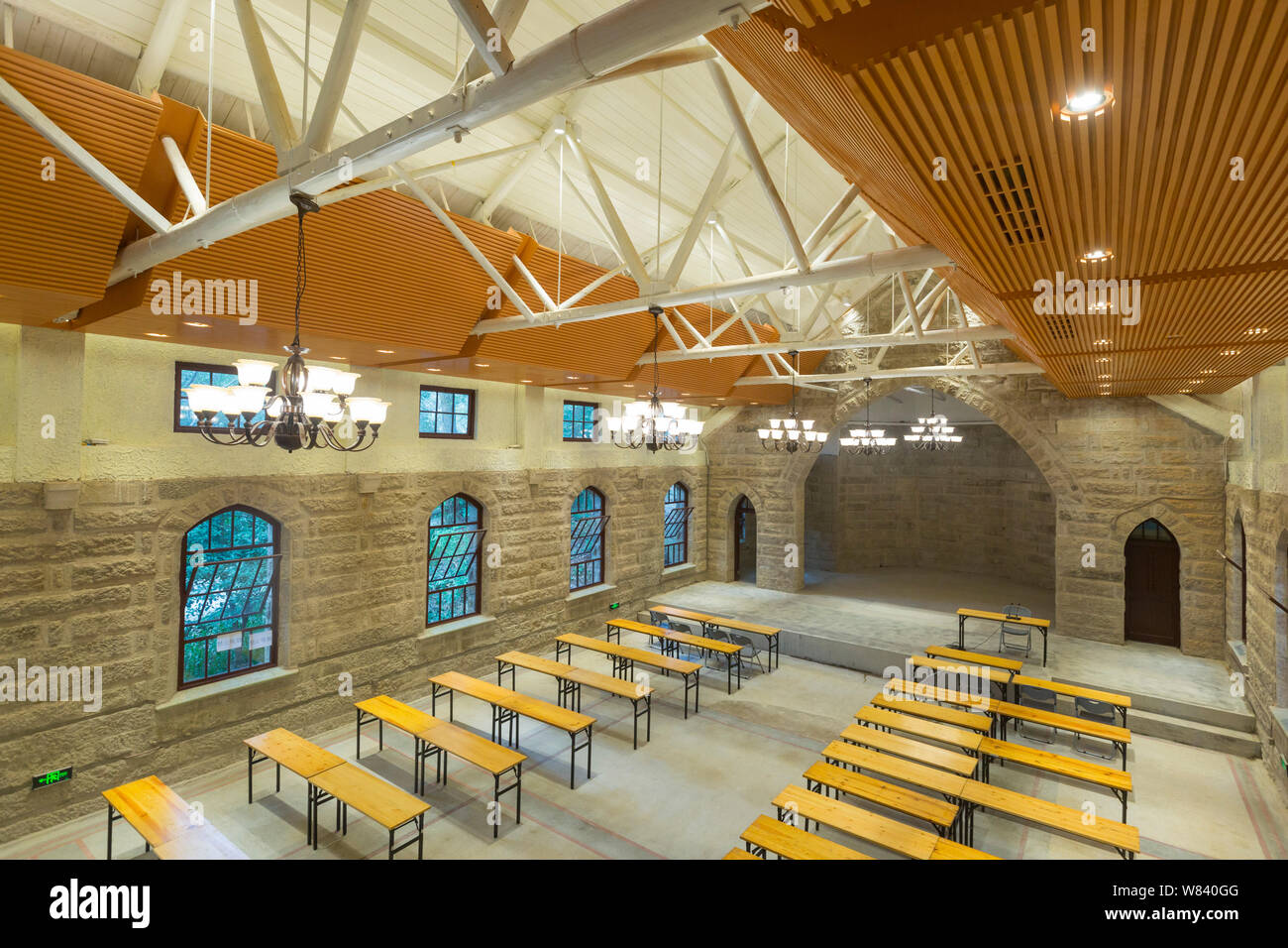 Interior view of a renovated assembly hall called Yuying Hall in the ...