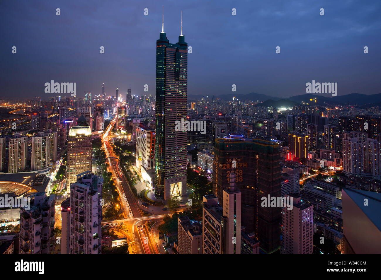 Night view of the Shun Hing Square Building, tallest, also known as ...