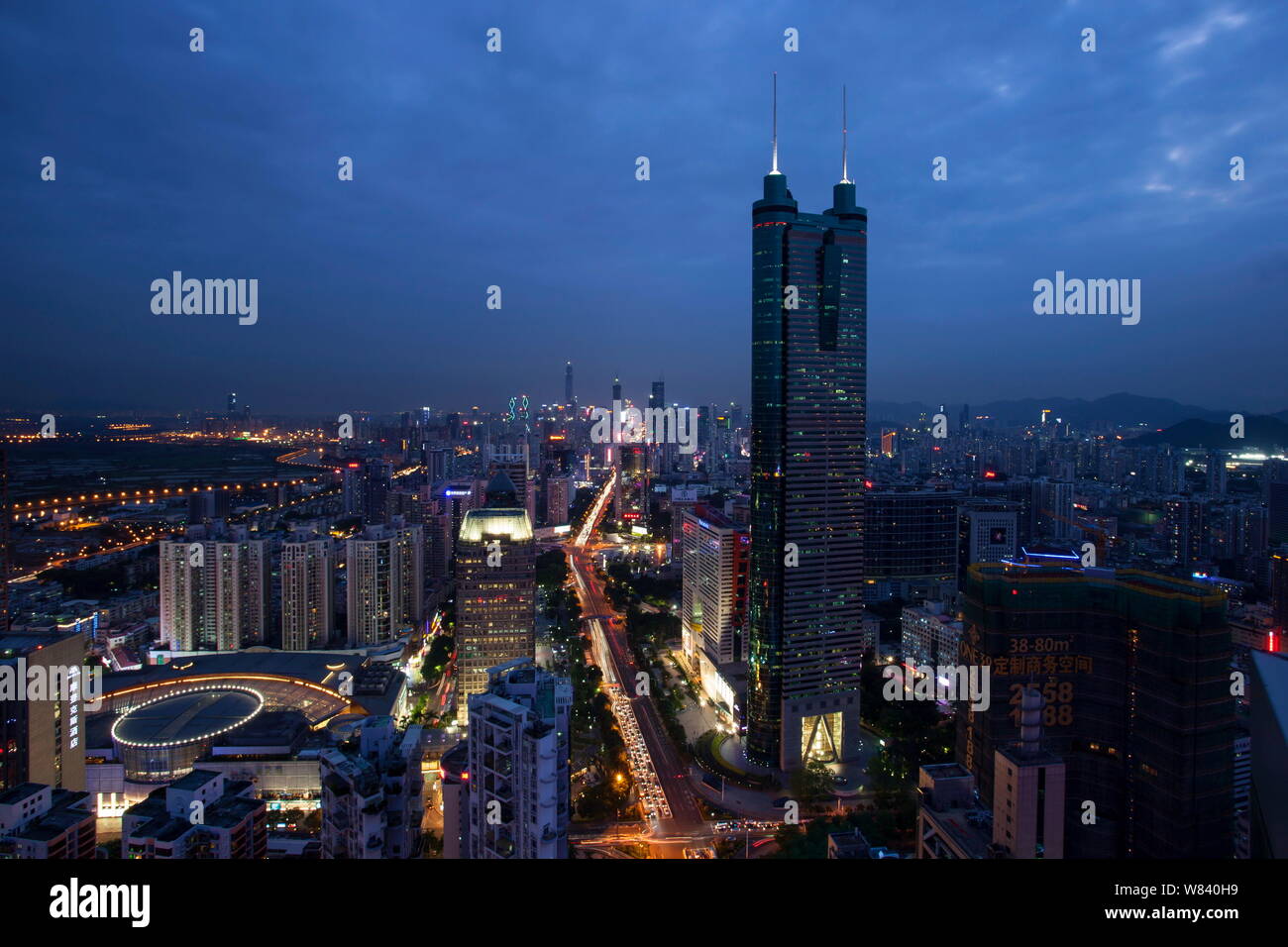 Night view of the Shun Hing Square Building, tallest, also known as ...