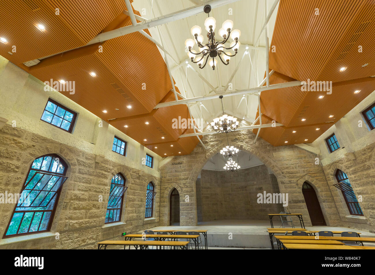 Interior view of a renovated assembly hall called Yuying Hall in the ...