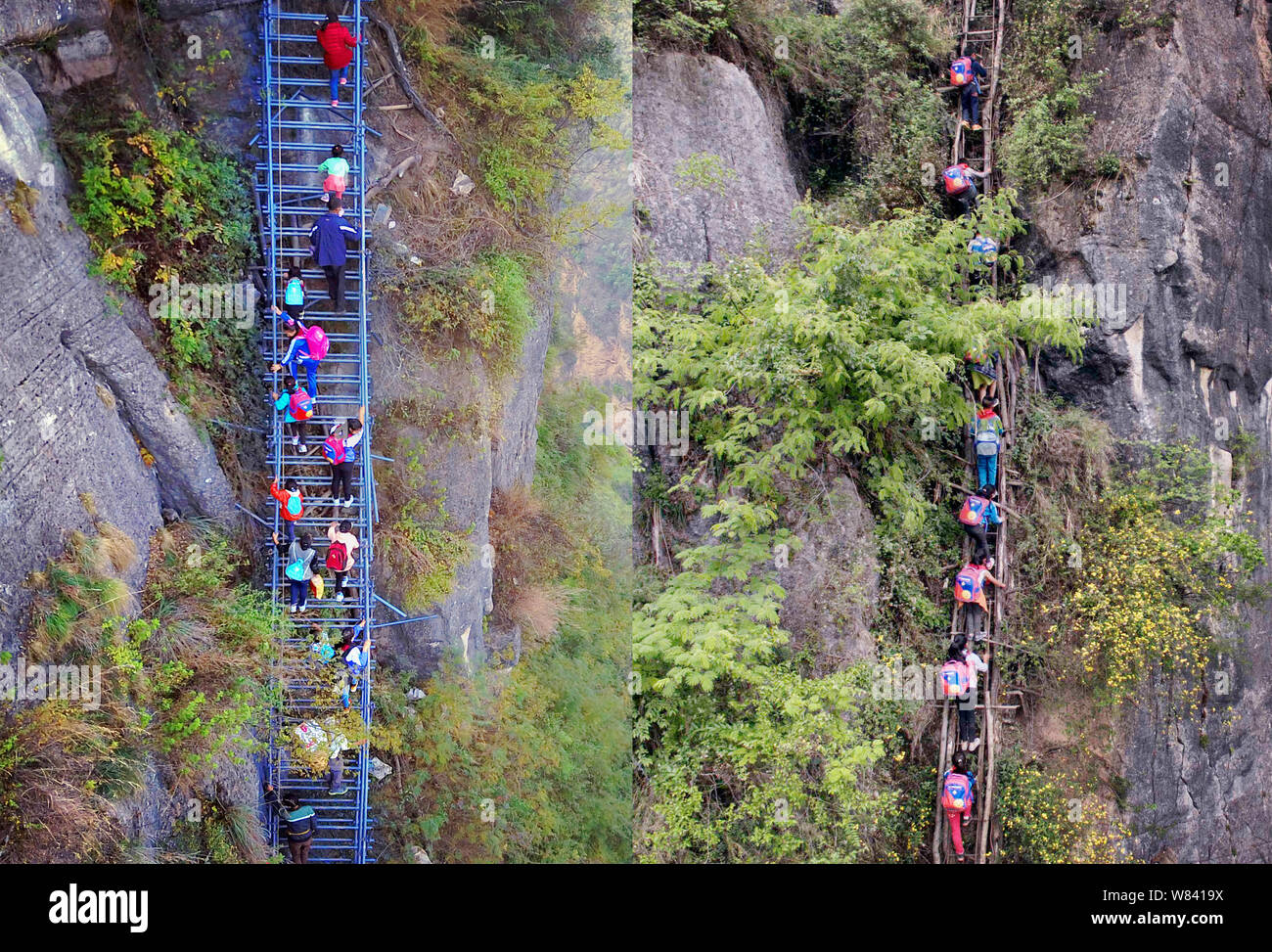 In this composite photo, local children climb up an 800-meter cliff on ...