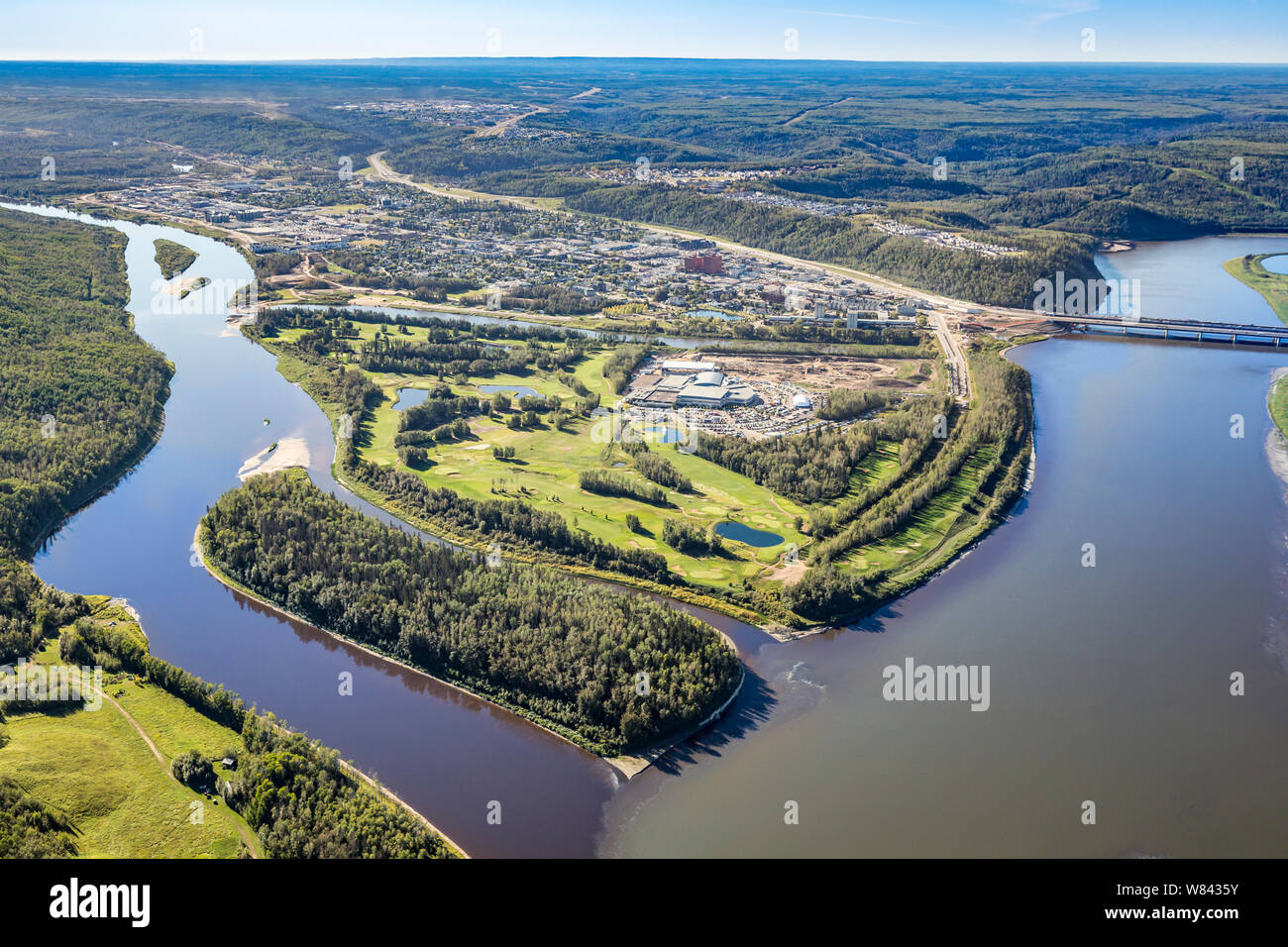 Aerial view of Fort McMurray, Alberta Canada and the confluence of the ...