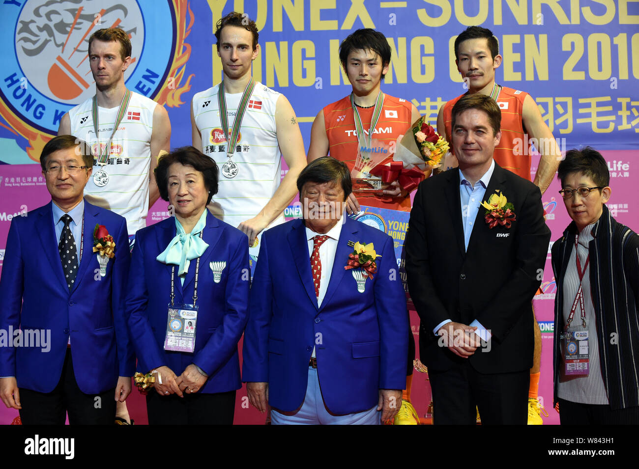 (Back from left) Silver medalists Carsten Mogensen and Mathias Boe of ...