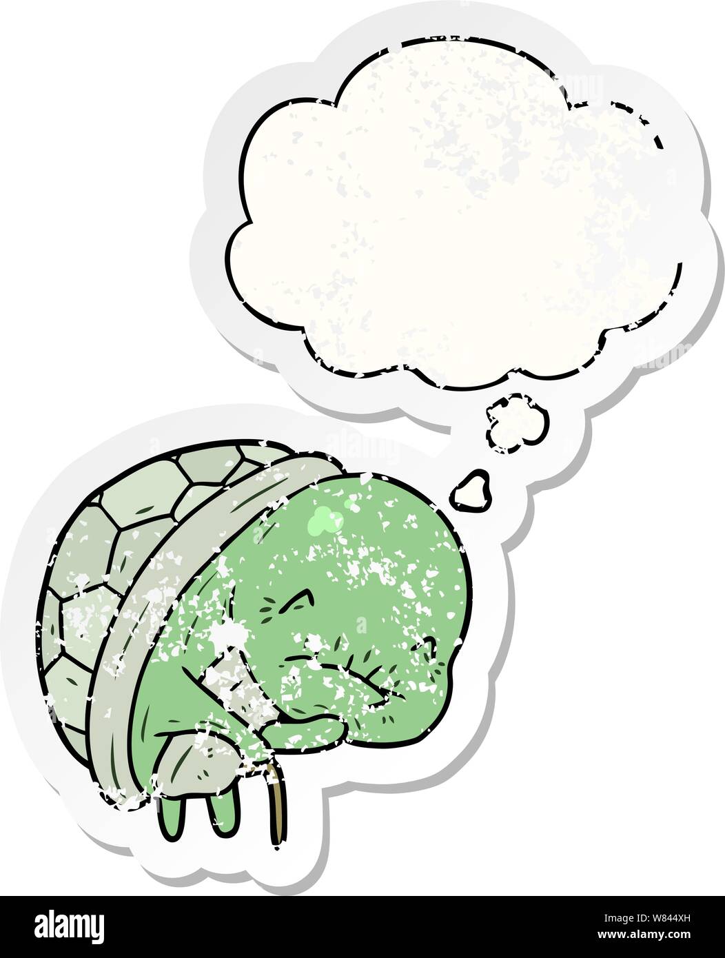 cute cartoon old turtle with thought bubble as a distressed worn ...