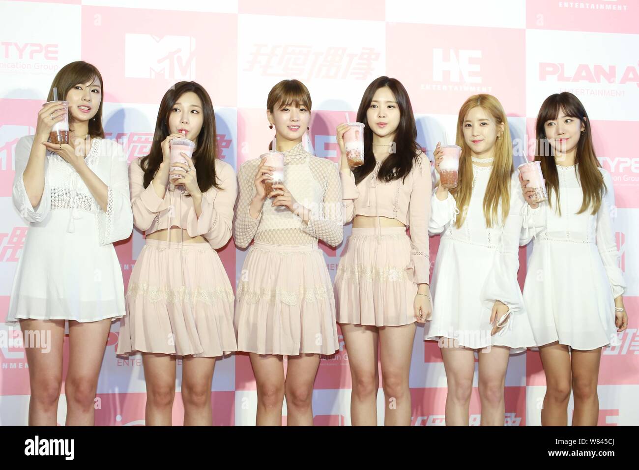 Members of South Korean girl group Apink attend a press conference for ...